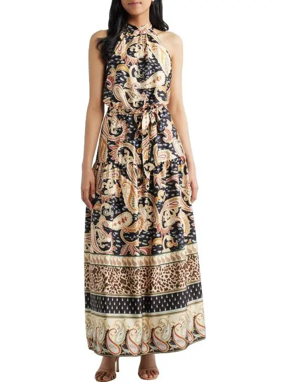 Julia Jordan Paisley Print Stretch Satin Maxi Dress - Black Multi