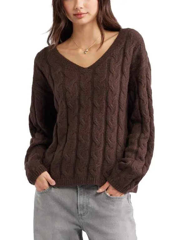 Bp. Cable Knit V-neck Cotton Blend Sweater - Brown Coffee