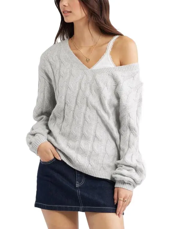 Bp. Cable Knit V-neck Cotton Blend Sweater - Grey Light Heather