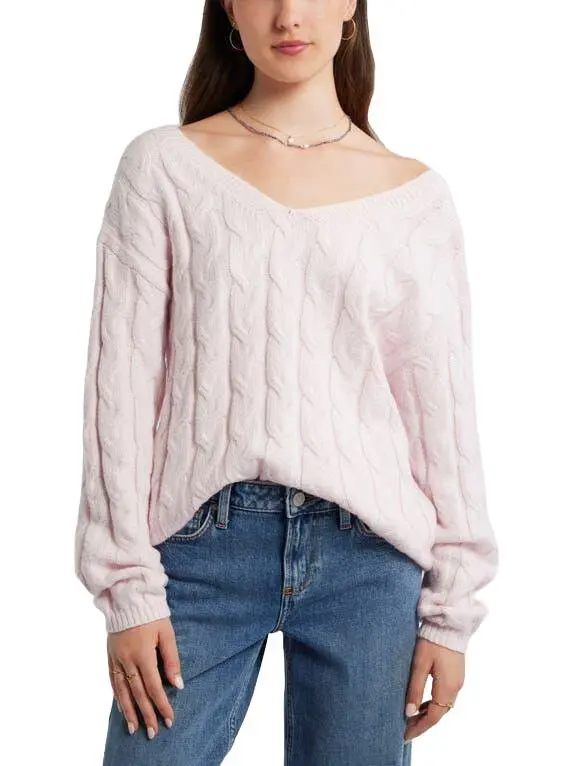 Bp. Cable Knit V-neck Cotton Blend Sweater - Pink Primrose