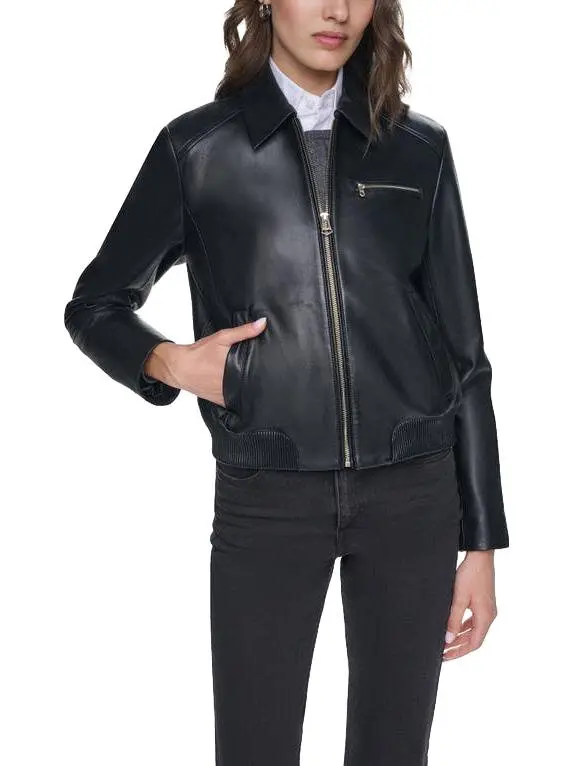 Cole Haan Genuine Leather Bomber Jacket - Black