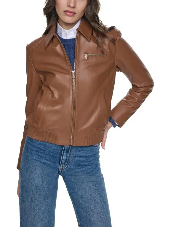 Cole Haan Genuine Leather Bomber Jacket - Hazelnut
