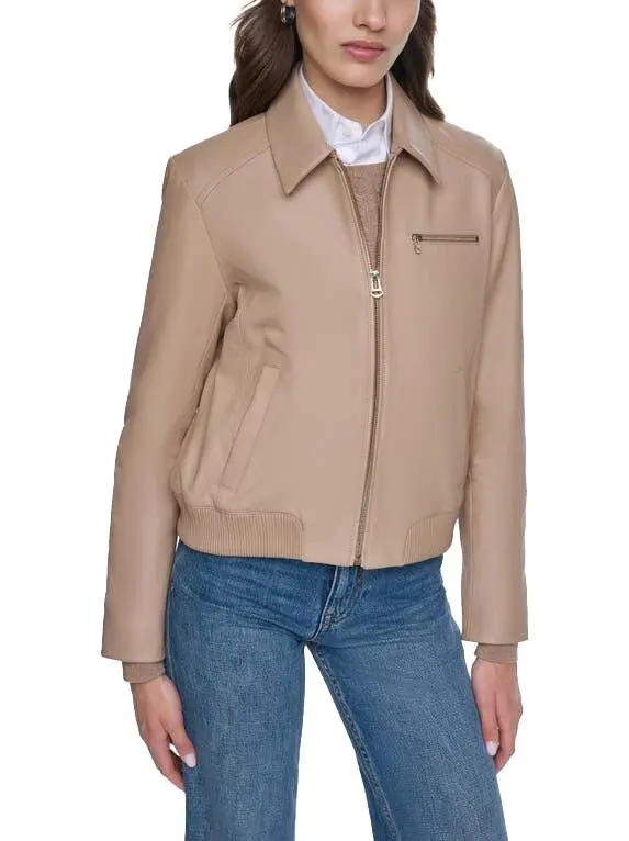 Cole Haan Genuine Leather Bomber Jacket - Sesame