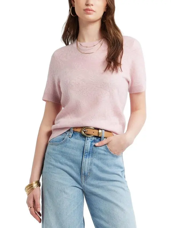 Treasure & Bond Floral Jacquard Short Sleeve Wool & Cashmere Sweater - Pink Timber