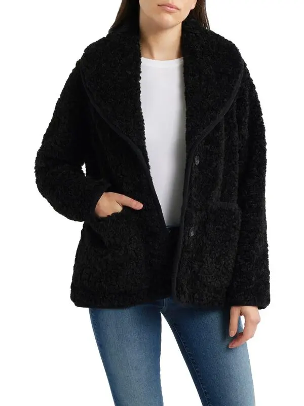 Lucky Brand Cozy Patch Pocket Faux Shearling Jacket - Black