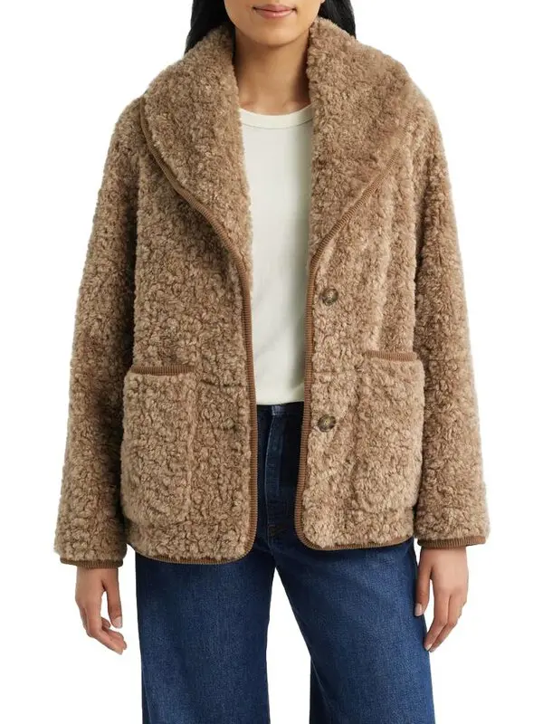 Lucky Brand Cozy Patch Pocket Faux Shearling Jacket - Mushroom