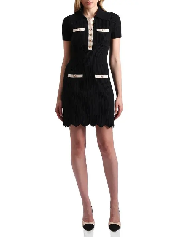 Avec Les Filles Rib Knit Polo Minidress - Black/cream