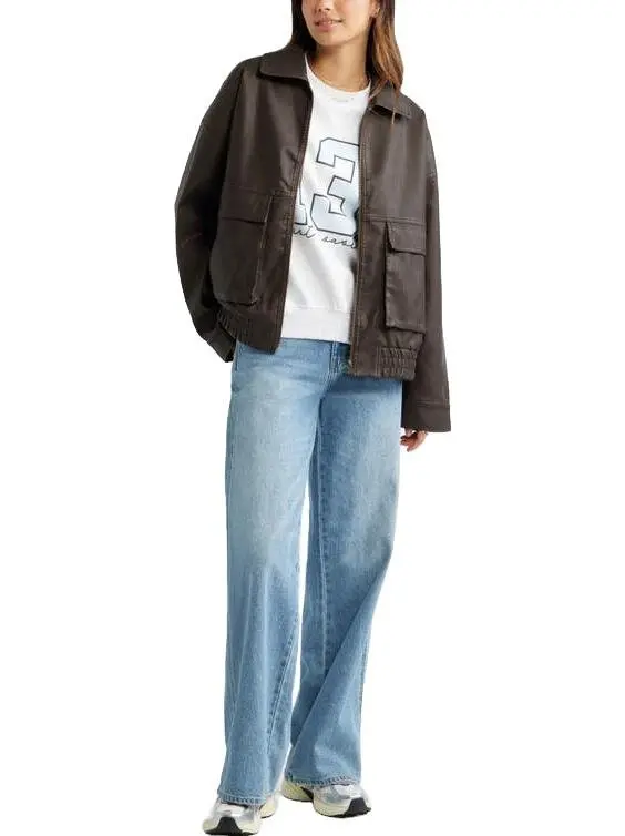 Bp. Relaxed Faux Leather Jacket With Spread Collar And Drop Shoulder - Brown