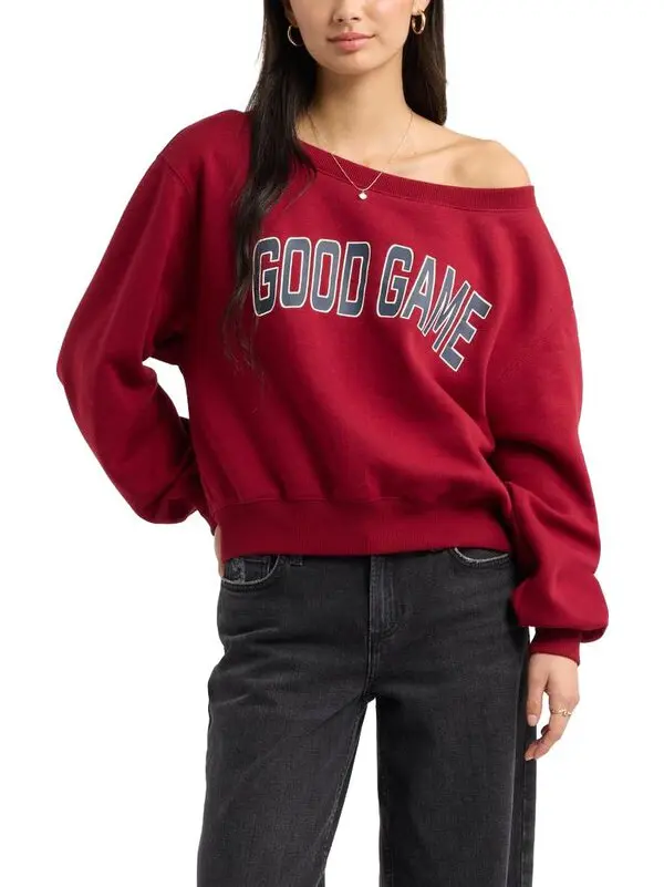Bp. Off-the-shoulder Fleece Sweatshirt - Red- Navy Good Game