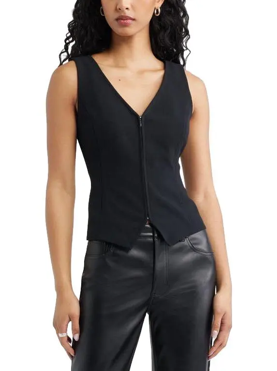 OPEN EDIT Sleeveless V-neck Zip Front Top - Black