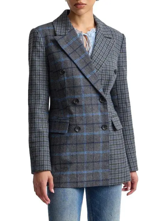 Avec Les Filles Plaid Double Breasted Blazer - Grey Plaid Multi