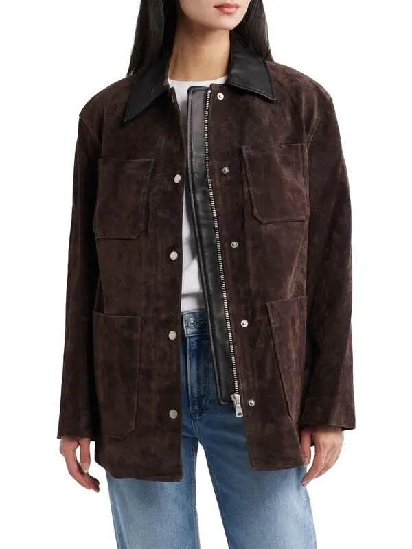 Avec Les Filles Suede Barn Coat With Leather Collar - Wood