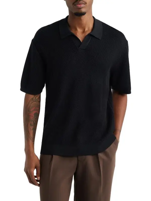 OPEN EDIT Diagonal Stitch Short Sleeve Polo Sweater - Black