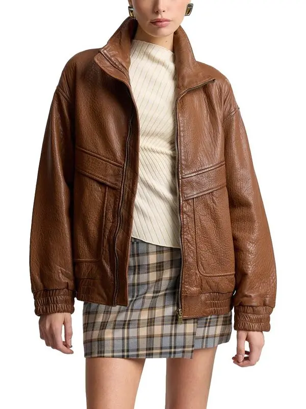 Avec Les Filles Oversized Leather Bomber Jacket - Cognac