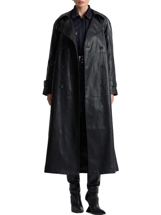 Avec Les Filles Oversized Faux Leather Trench Coat - Black