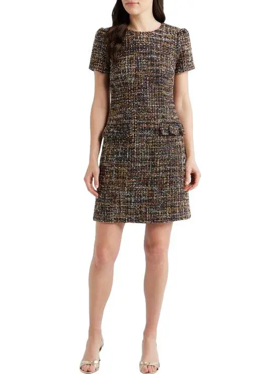 Eliza J Jewel Neck Short Sleeve Tweed Dress - Navy Multi