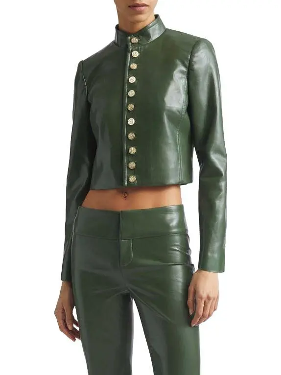Alice + Olivia Emerson Faux Leather Cropped Jacket With Crest Buttons - Dark Fern