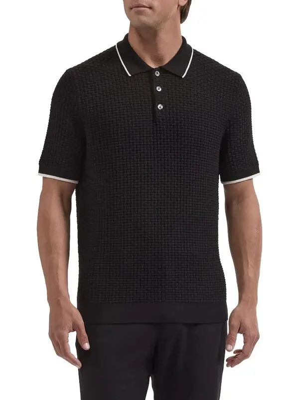 Bugatchi Basket Stitch Cotton Blend Polo Sweater - Black