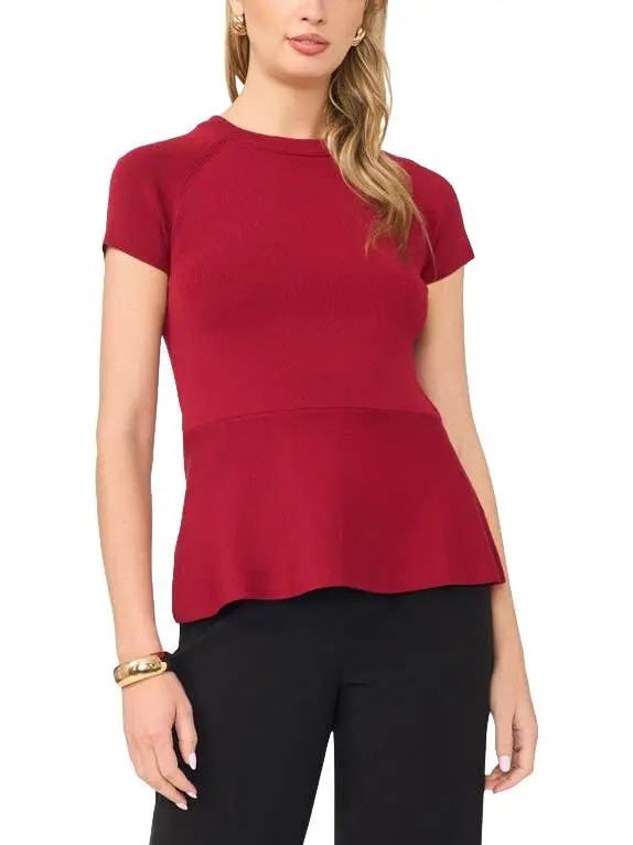 Vince Camuto Short Sleeve Ribbed Peplum Sweater - Garnet Red