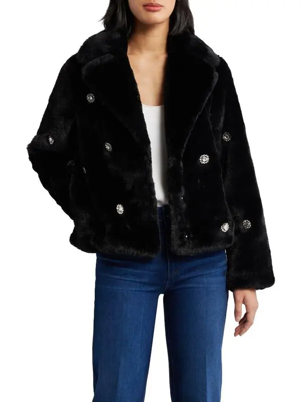 CECE DUPRAZ Rhinestone Button Faux Fur Jacket - Black