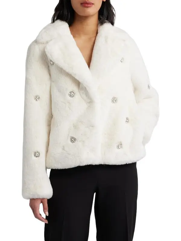 CECE DUPRAZ Rhinestone Button Faux Fur Jacket - Ivory