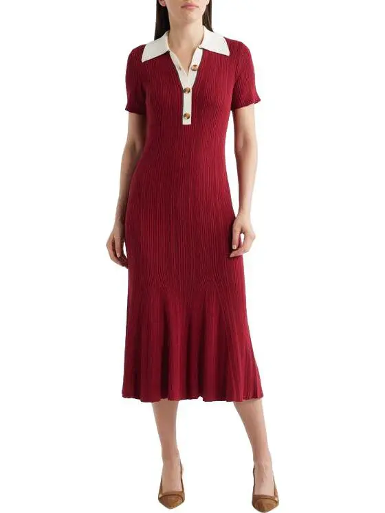 Julia Jordan Ribbed Knit Polo Dress With Contrast Trim - Red/ivory