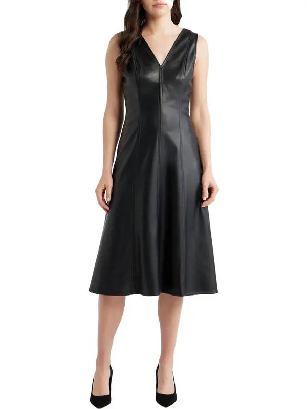 Maggy London V-neck Faux Leather Fit & Flare Midi Dress - Black