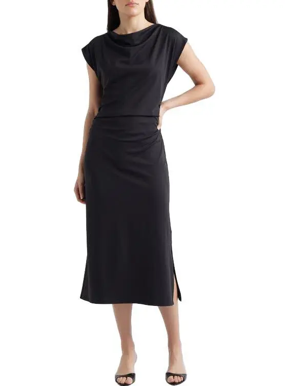 Maggy London Draped Cowl Neck Midi Dress With Side Slit - Black