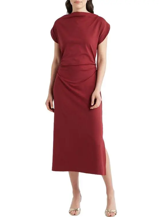 Maggy London Draped Cowl Neck Midi Dress With Side Slit - Cabernet