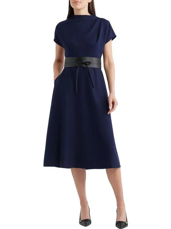 Eliza J Funnel Neck Flared Midi Dress - Navy