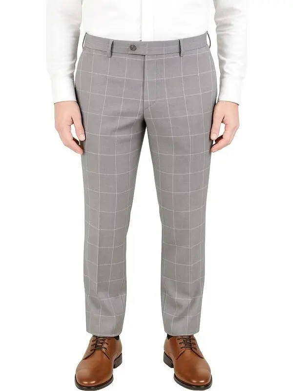 Berle Lightweight Windowpane Check Wool Dress Pants - Medium Grey