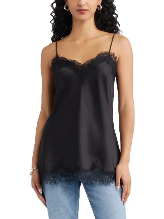 OPEN EDIT Lace Trimmed Satin Camisole - Black