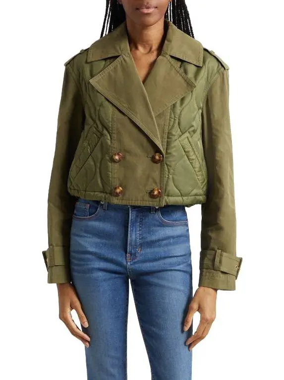 Veronica Beard Harris Crop Mixed Media Double Breasted Jacket - Stone Army
