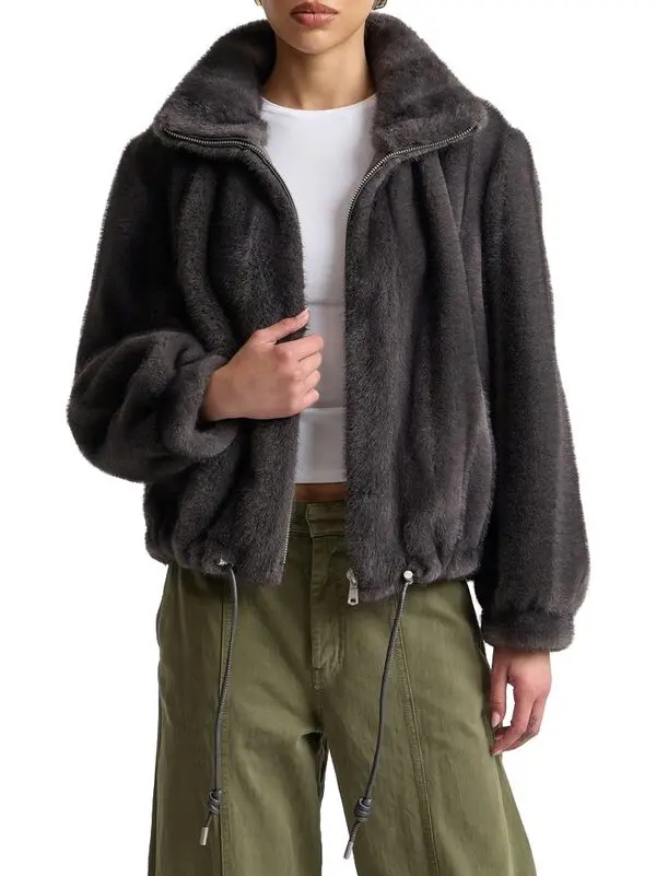 Avec Les Filles Cropped Faux Fur Bomber Jacket - Graphite