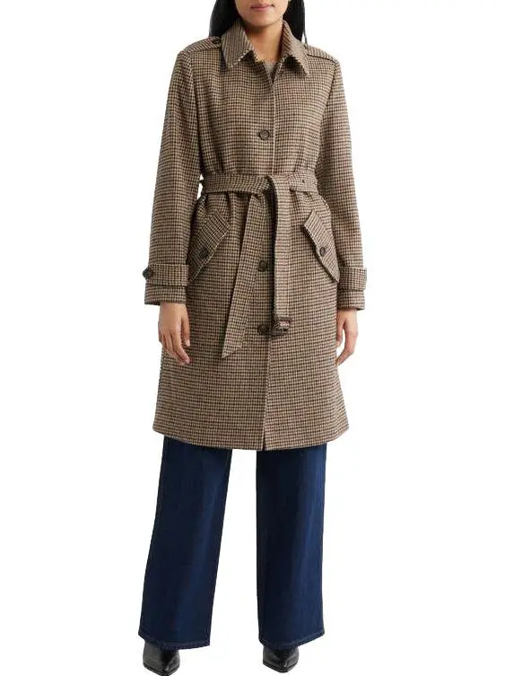 Bernardo Long Belted Checked Coat - Brown Gingham
