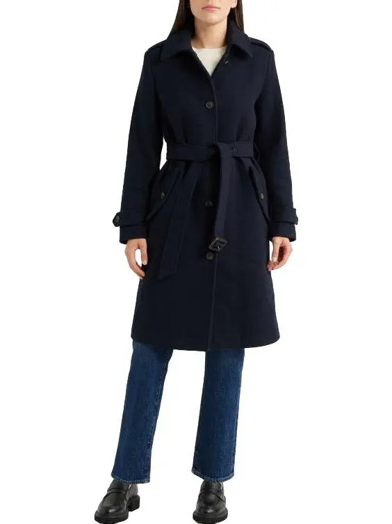 Bernardo Long Belted Checked Coat - Navy