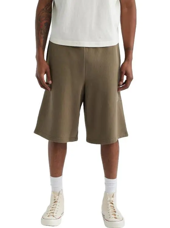 ELWOOD Pleated Baggy Organic Cotton Graphic Sweat Shorts - Brown