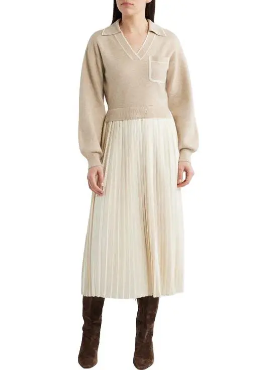ZOE AND CLAIRE Two-tone Sweater Dress With Pleated Skirt - Beige