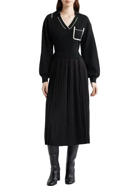 ZOE AND CLAIRE Two-tone Sweater Dress With Pleated Skirt - Black/ivory