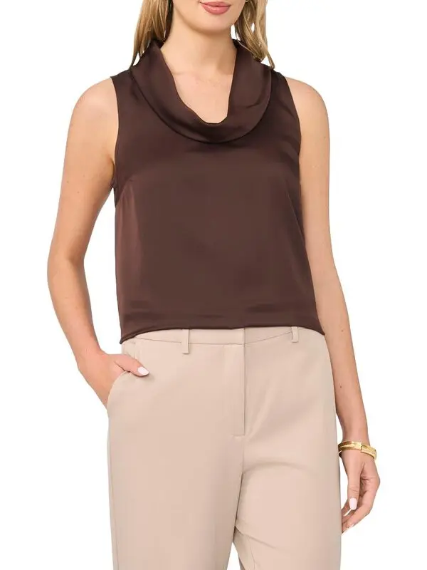 Vince Camuto Sleeveless Cowl Neck Satin Charmeuse Top - Chocolate
