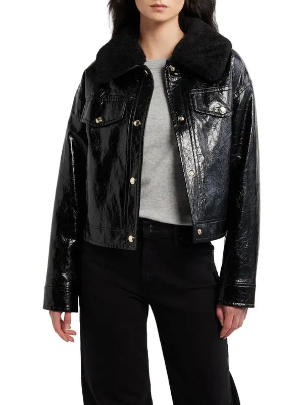 Michael Kors Faux Patent Leather & Faux Shearling Trimmed Jacket - Black