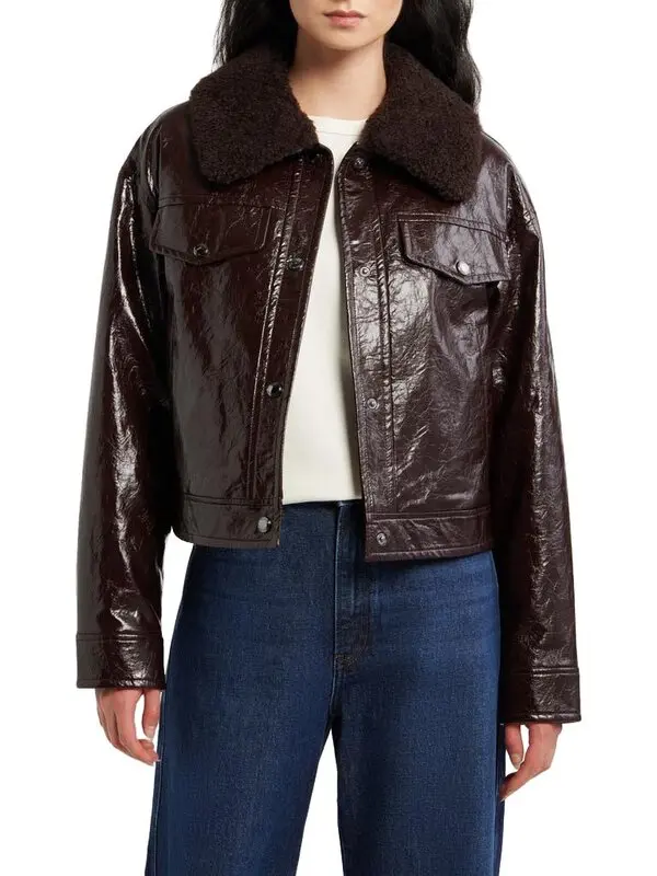 Michael Kors Faux Patent Leather & Faux Shearling Trimmed Jacket - Deep Red