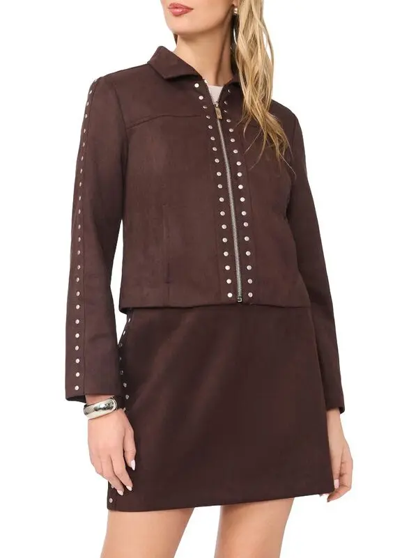 Vince Camuto Studded Faux Suede Trucker Jacket - Dark Roast