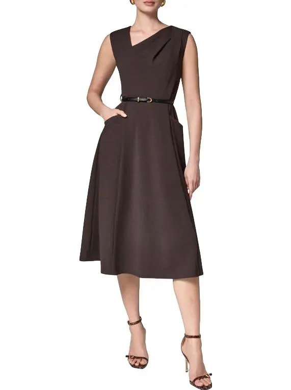 Donna Karan New York Belted Asymmetric Neck Draped Dress - Espresso