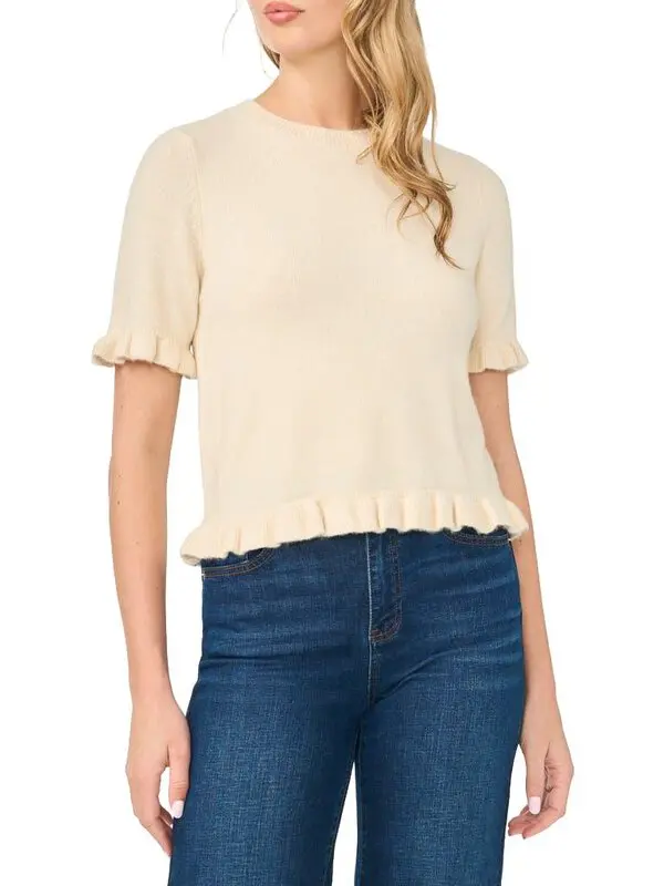 CECE DUPRAZ Ruffle Trim Short Sleeve Fine Knit Sweater - Birch