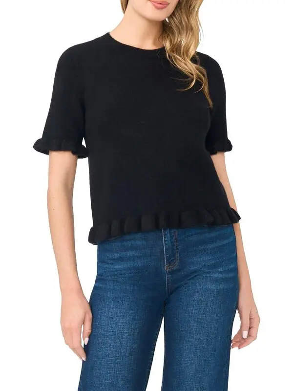 CECE DUPRAZ Ruffle Trim Short Sleeve Fine Knit Sweater - Rich Black