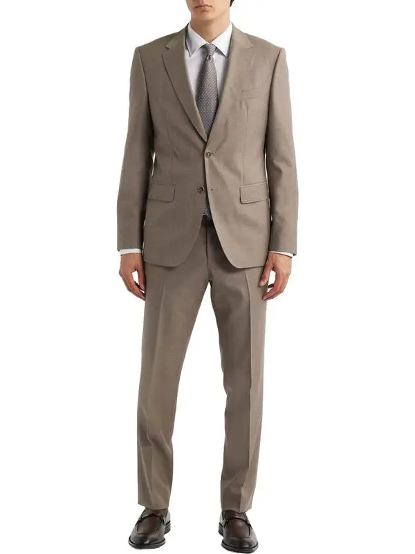 BOSS Huge Slim Fit Textured Virgin Wool Suit - Tan