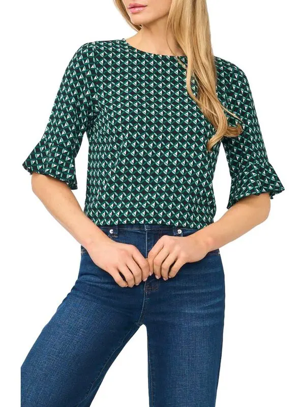 CECE DUPRAZ Geo Print Ruffle Cuff Top - Deep Spruce