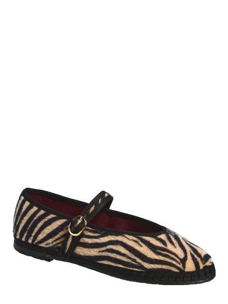 FLABELUS Animal Print Ballet Flat With Mary Jane Strap - Black