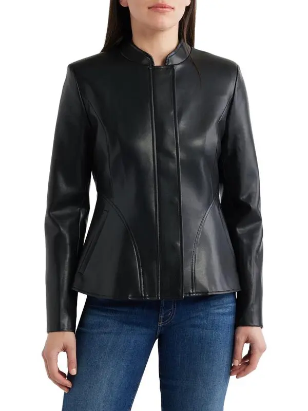 Via Spiga Zip Front Faux Leather Jacket - Black